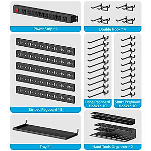 CCCEI 5PCS Individual Pegboard Strip with Power Outlet. Garage All Metal Wall Mount Mini Black Peg Board Set, for Drill and Tools Battery Holder Kit, Cleaning Supplies Cabinet Organizer. Gift for Men