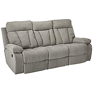 Signature Design by Ashley Mitchiner Contemporary Manual Reclining Sofa with Center Drop Down & Cup Holders, Gray