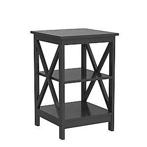 Yaheetech Black End Table Set of 2, 16x16x24 in Sturdy 3-Tier Side Tables with Storage Shelf & Solid Wood Legs, 2Pcs X-Design Modern Sofa Side Table for Living Room Office, Easy Assembly