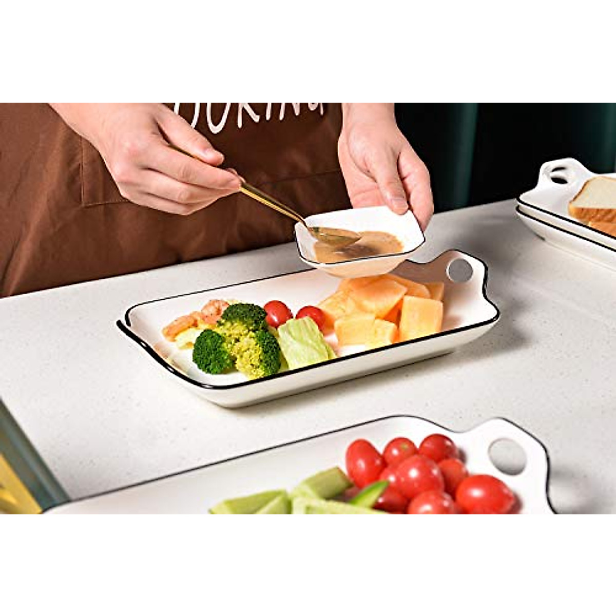AnBnCn Porcelain Serving Platter with Handles - Set of 4, Versatile White Serving Plates for Dessert, Sushi Rolls, Party or Daily Use - Rectangle,12 Inch