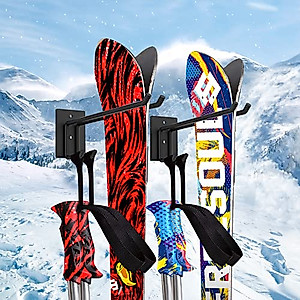 Foozet Ski Storage Rack with Ski Poles Storage Rack Wall Mount Heavy Duty Metal, Suitable for 2 Pairs Snowboard Storage Hanger for Garage Home Indoor Hold up to 100lbs