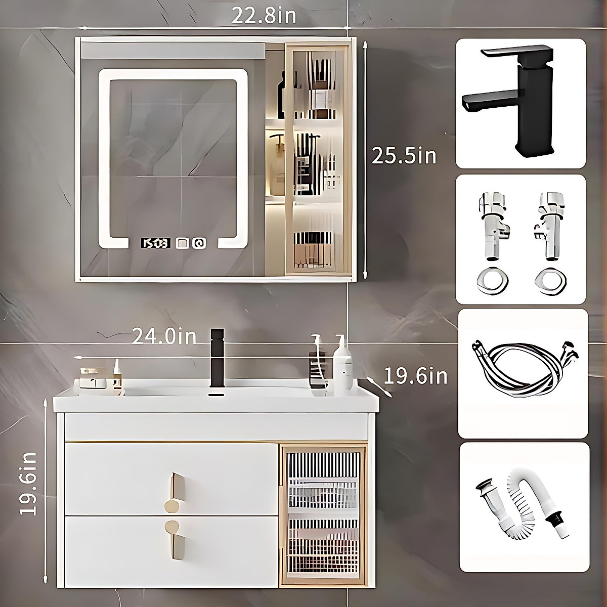 ZGNBSD Floating Bathroom Vanity with Sink - Modern Bathroom Vanity Contains Smart LED Defog Mirror | Solid Wood Freestanding Bathroom Vanity (White, 24'')