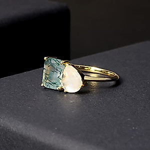 Gem's Beauty Milky Blue Moonstone Green Moss Agate Gold Sterling Silver Toi et Moi Ring Women Gold Rings Moss Agate Jewelry Engagement Rings Women Gifts(Size6)