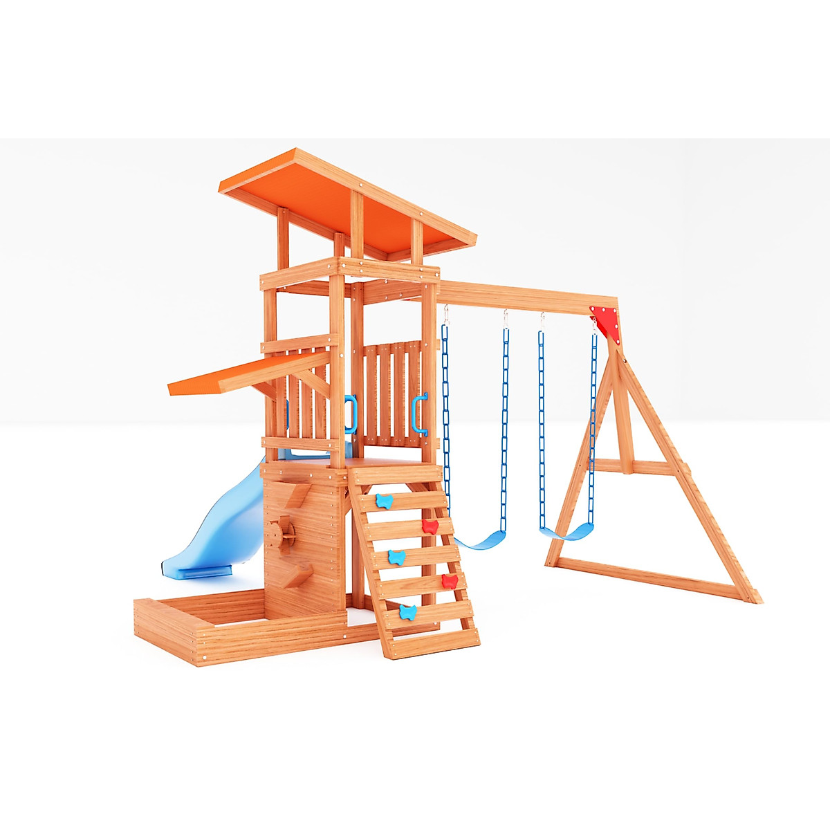 Dolphin Playground Swing Sets for Backyard with Slide, Wooden Outdoor Playset for Kids with Sandbox, Rock Climbing Wall, 2 Belt Swings, and Fort, Playground Sets for Backyards, Kids 3-6