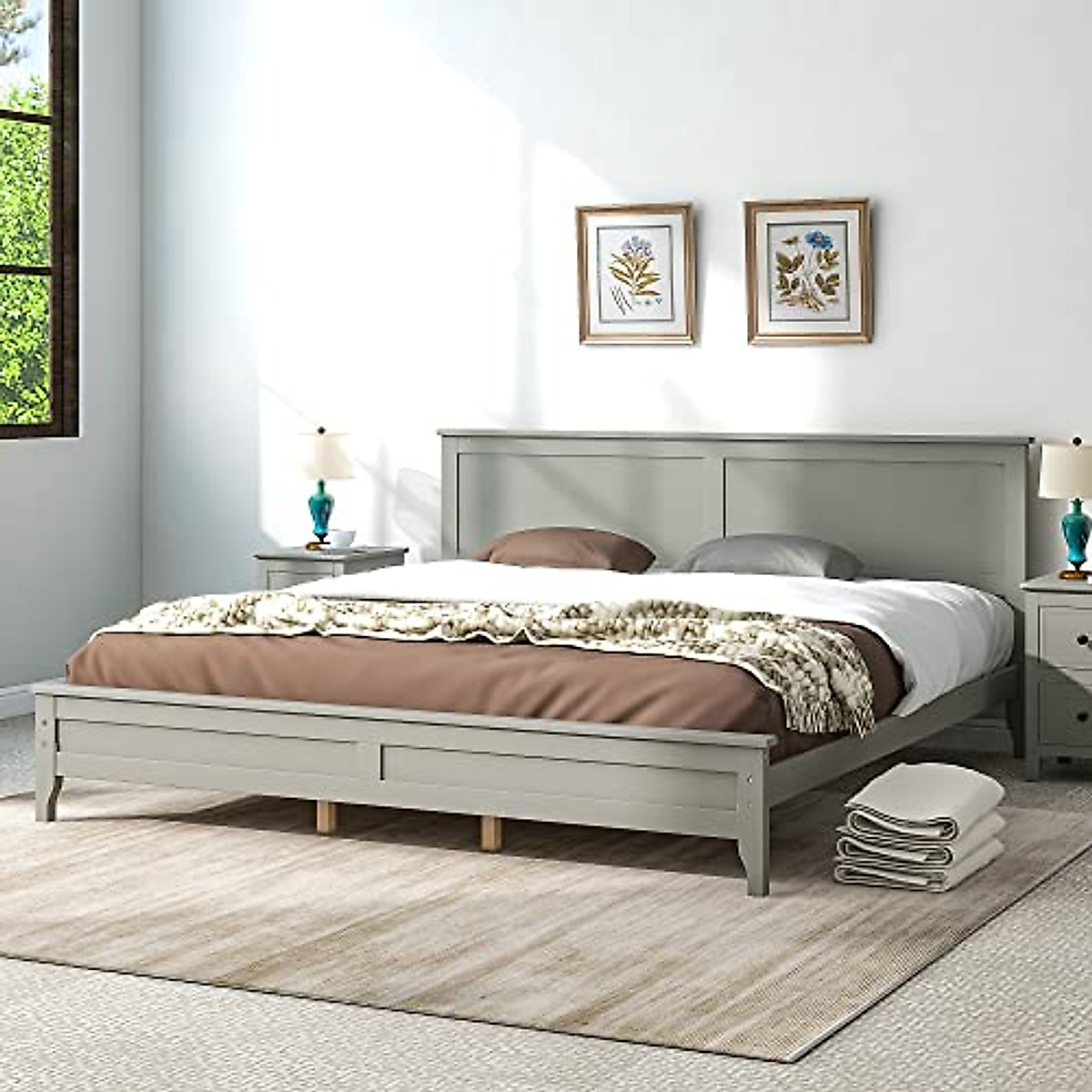 YUNLife&Home Modern King Size Platform Bed with Headboard and Footboard,Solid Wood Bed Frame with Center Support Legs for Kids Teens Adults,No Box Spring Needed