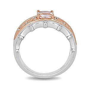 Jewelili Enchanted Disney Fine Jewelry Sterling Silver and 10K Rose Gold 5x5 MM Cushion Cut Morganite and 1/5 Cttw Natural White Round Diamond Aurora Ring, Size 8