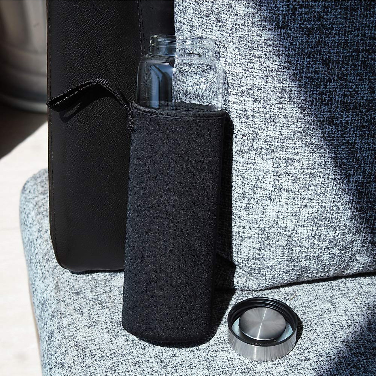 sunkey Glass Water Bottle 32 oz High Borosilicate with Neoprene Sleeve Leak Proof Lid Reusable Eco Friendly Bpa Free