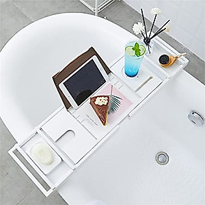 GANFANREN Extendable Bath Tub Caddy Wooden Bathtub Bridge Shelf Organizer Tray with Book Stand for Home Hotel Spa Salon