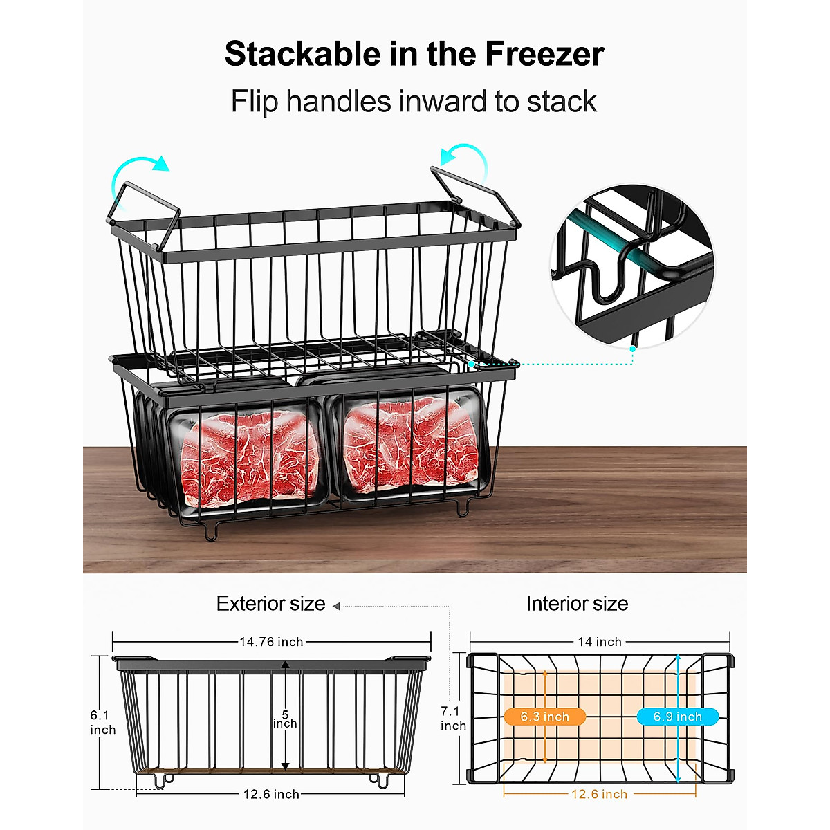 iSPECLE Chest Freezer Organizer, 4 Pack Stackable Baskets with Handles Pantry Organization and Storage for Chest Freezer Pantry, Black