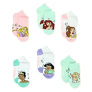 Disney Princess Toddler Girls 6 Pack Socks with Grippers (X-Small (2-4T), Aqua Blue)