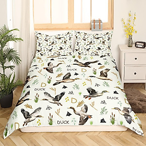 Feelyou Mallard Duck Duvet Cover Twin, Hunting and Fishing Bedding Set Green Duck Comforter Cover Wild Animal Bedspread Cover Breathable Bedding Collection 2Pcs (No Comforter)