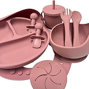 Baby Led Weaning 10 Piece Feeding Eating Supplies | Strong Suction Plate Silicone Cup Snack Lid Drink Lid with Straw Silicone Suction Bowl Bib Spoons Forks Baby Tableware Set 6MonthsToddler(PeachPink)