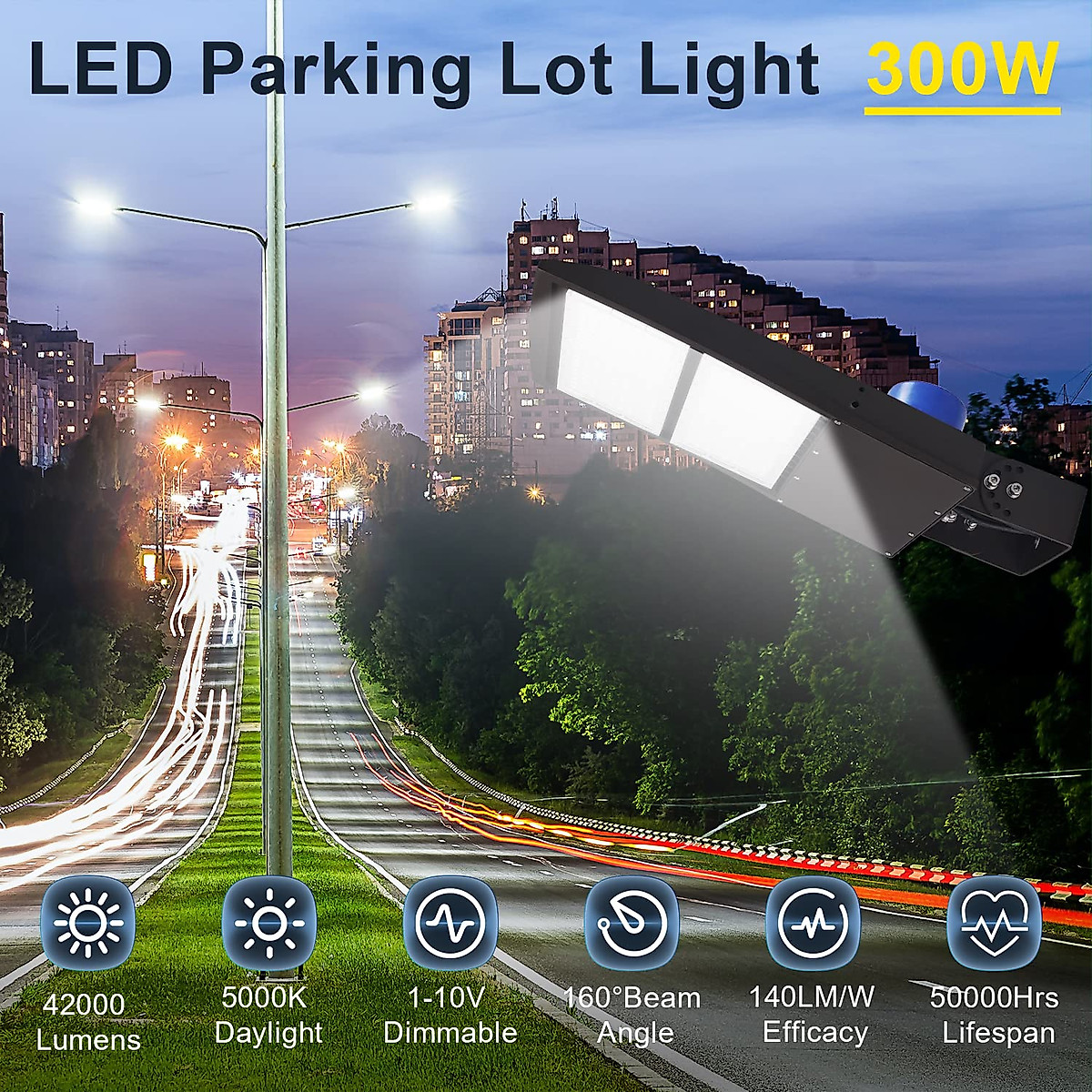 300W LED Parking Lot Light with Dusk to Dawn Photocell 42000 LM 5000K 1-10V Dimmable LED Shoebox Area Light (1000W HID/HPS Equivalent), Yoke Mount 100-277V AC IP65, UL&DLC Listed
