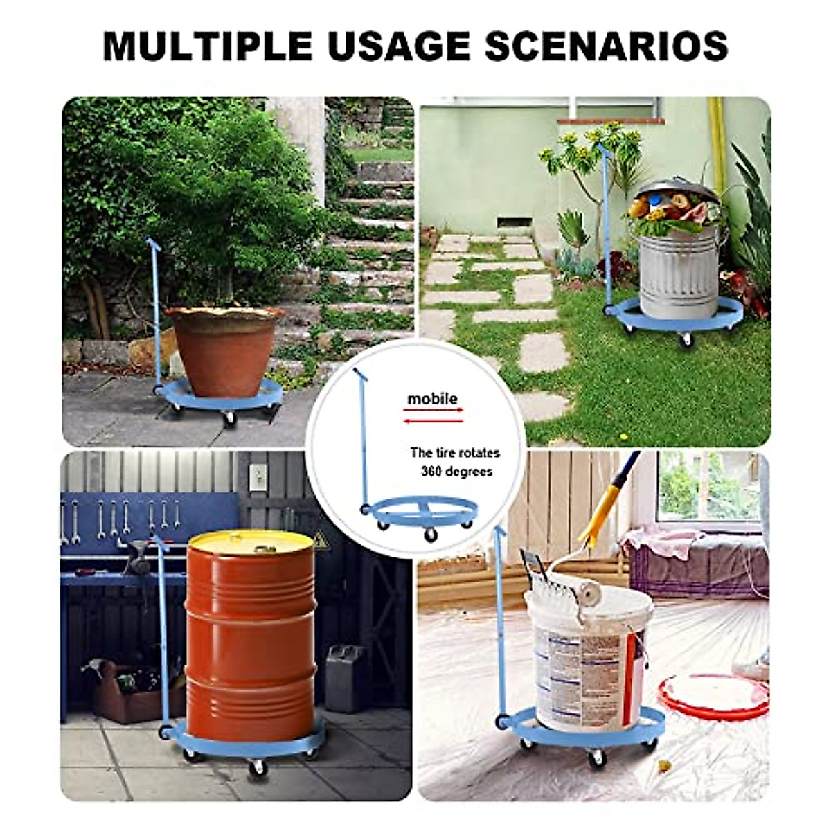 AESRAOU 55 Gallon Drum Dolly 1000 Pound Heavy Duty Bucket Dolly Hand Truck Multi Purpos Barrel Dolly Cart with Adjustable Handle and 4 Swivel Casters Wheel (Blue)