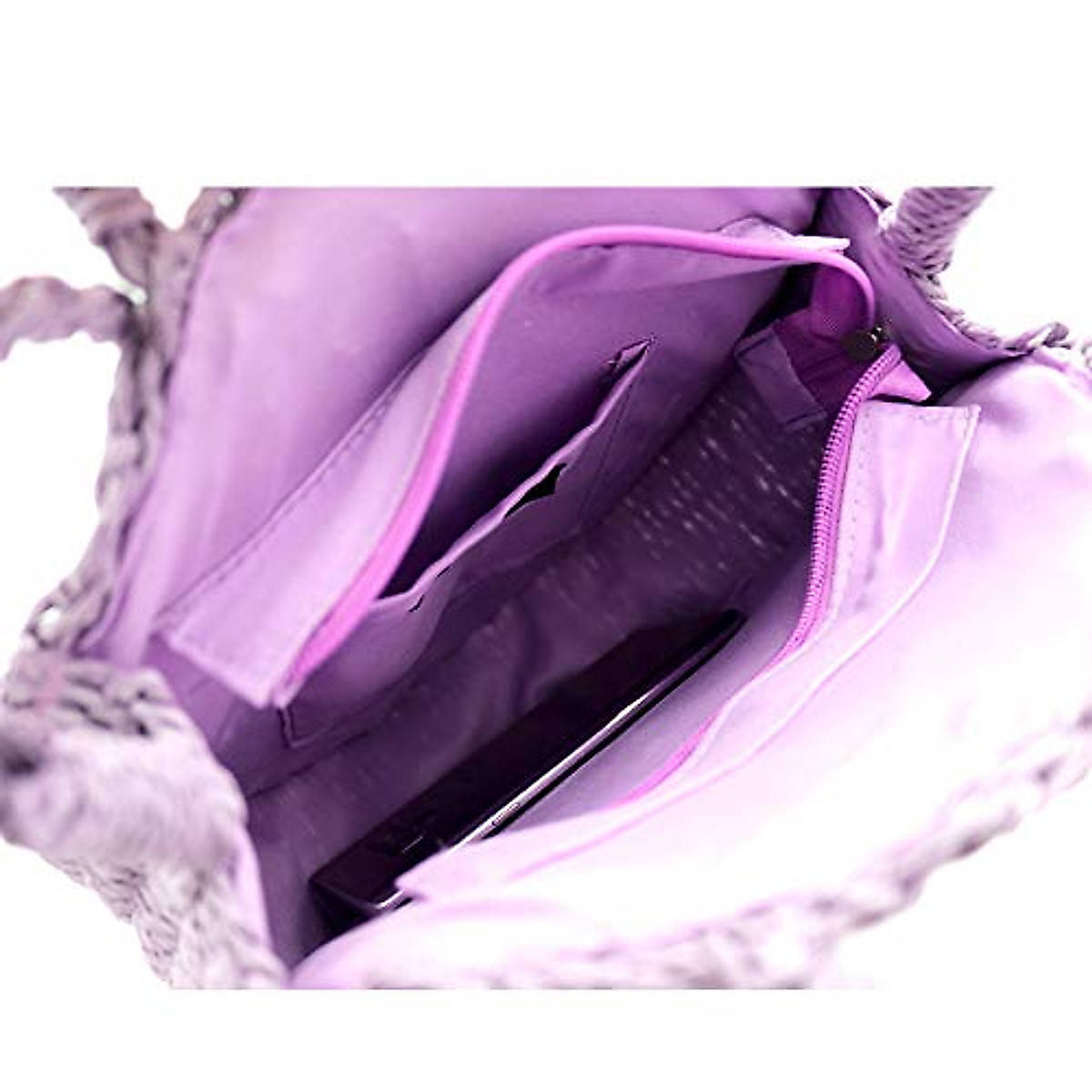 Natural Handmade Summer Beach Bali Woven Straw Round Satchel Crossbody Bag Purse (Medium Large - 1Lavender)