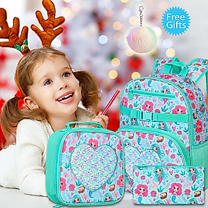 FTJCF 3PCS Backpack for Girls, 16" Cute Sequins Rainbow Kids Bookbag with Lunch Box, Elementary Preschool Kindergarten School Bag Set - Pink.