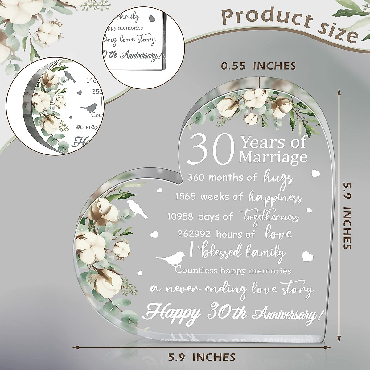 Wedding Present for Her Wife Husband Acrylic Happy Wedding Present for Woman Crystal Heart Marriage Keepsake for Wife Husband Girlfriend Boyfriend (30th Style)