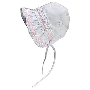 N'Ice Caps Baby Girls Bonnet White Lace Newborn Infant Toddler Sun Hat Special Occasion (White with Pink Ribbon, Newborn)