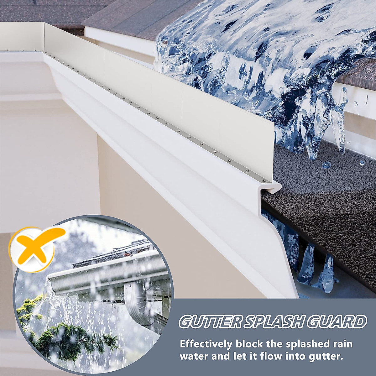 Flamorrow 6 Pack Aluminum Gutter Valley Splash Guards, Rainwater Roofing Gutter Guard, Straight Gutter Splash Guard for Flat Shingle Roofs, Valley, Corner, White