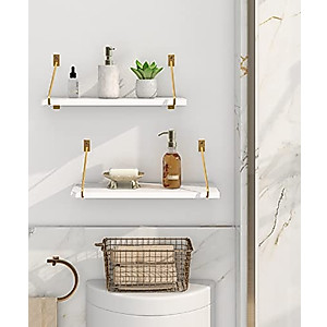 Gronda White Floating Shelves Set of 2, Modern Floating Shelves Wall Mounted with Gold Bracket Wall Shelves for Living Room Bathroom Bedroom Kitchen Office