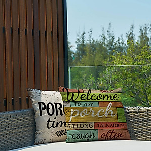 DFXSZ Summer Retro Outdoor Throw Pillow Covers 18x18 Inch Set of 4 Welcome to Our Porch Sign and Breathe Letter Decor Pillow Covers for Swing Garden Hammock Chair Sofa