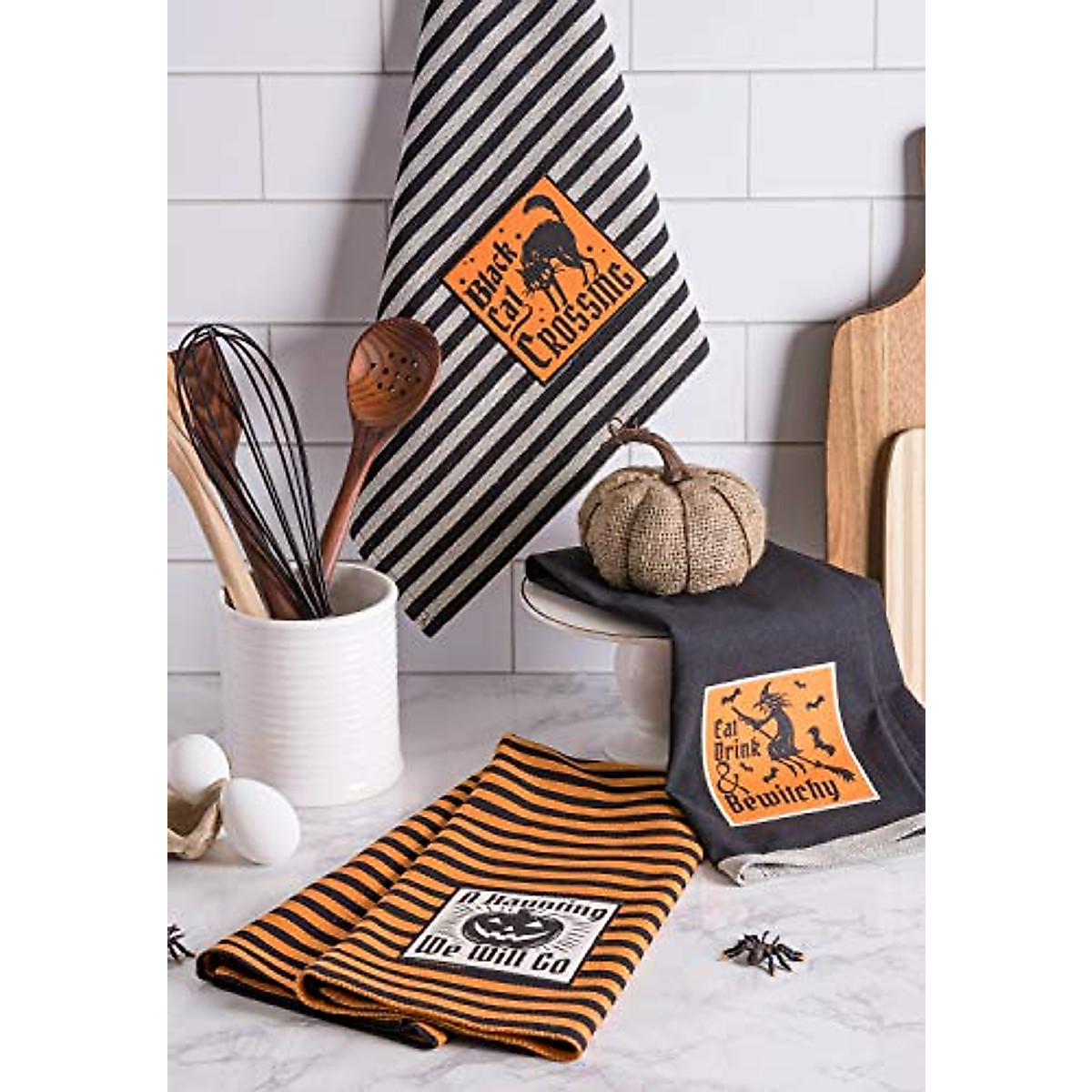 DII Happy Halloween Dishtowel Collection Embellished Cotton Kitchen Hand Towel Set, 18x28, Happy Haunting, 3 Count