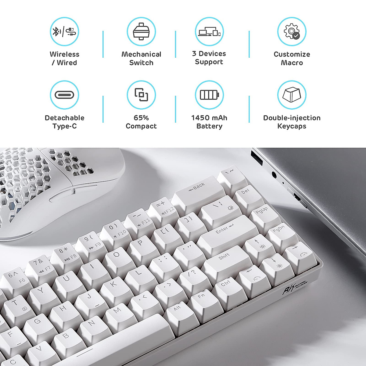 RK ROYAL KLUDGE RK68 Wireless Hot Swappable 65% Mechanical Keyboard, 68 Keys Compact BT5.0 Gaming Keyboard with Stand-Alone Arrow/Control Keys, Tactile Brown Switch