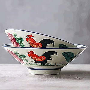 Kichvoe 7Inch Japanese Porcelain Bowl Ceramic Ramen Bowl Retro Rooster Pattern Serving Bowl For Salad Soup Rice