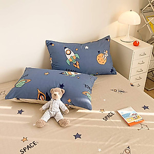 BlueBlue Astronaut Duvet Cover Set Twin 100% Cotton Bedding for Kids Boys Girls Teens Space Galaxy Rocket Star Constellation on Navy Blue 1 Cartoon Comforter Cover Zipper Ties 2 Pillowcases Twin