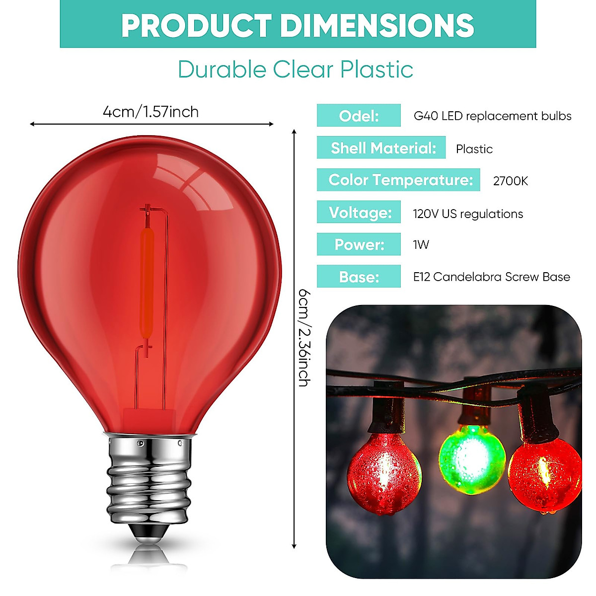 LEIFIDE 100 Pcs G40 LED Light Bulbs Replacement 1W Globe Bulbs Outdoor LED Light Bulb Fits C7 and E12 Candelabra Screw Base Sockets LED String Light Bulbs Shatterproof Bulbs, 2700k(Red, Green)