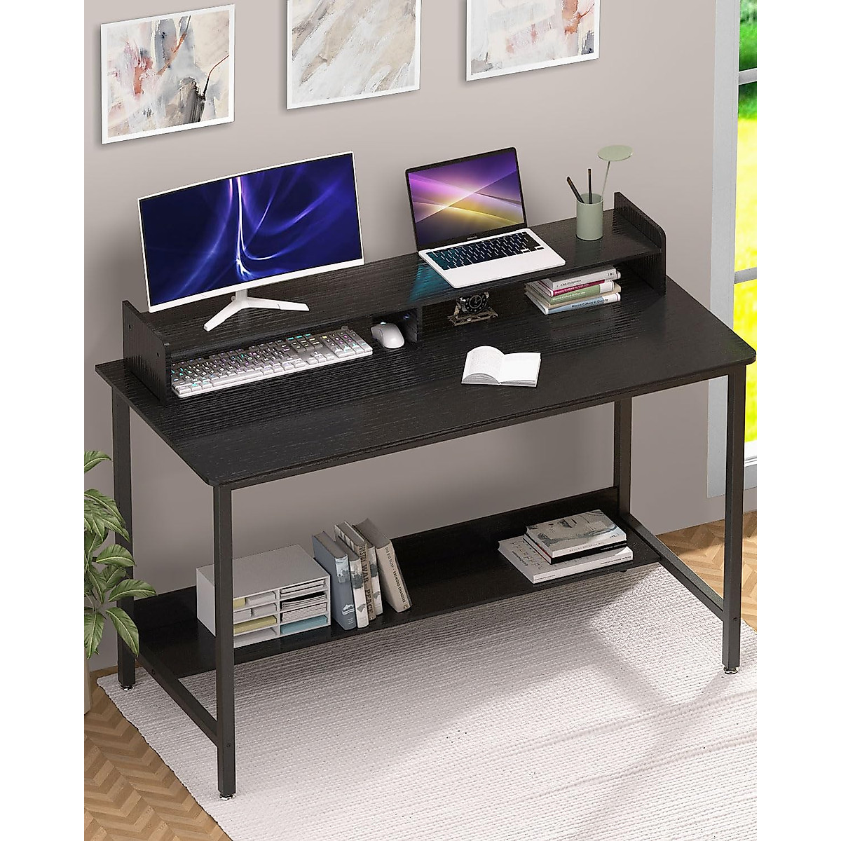 WOODYNLUX Computer Desk with Shelves, 43 Inch Gaming Writing Desk, Study PC Table Workstation with Storage for Home Office, Living Room, Bedroom, Metal Frame, White.