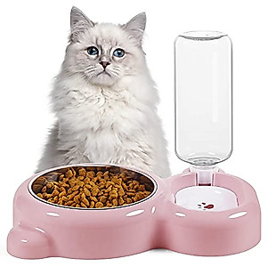 Azwraith Double Dog Cat Bowls, Pet Water and Food Bowl Set with Automatic Water Dispenser Bottle Detachable Stainless Steel Bowl for Small Dogs and Cats Kitten Puppy Rabbit Bunny - Pink