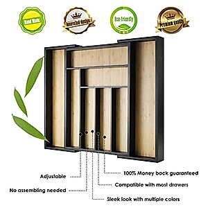 Cozee Bay Bamboo drawer organizer, utensil holder, silverware organizer, and adjustable cutlery tray with drawer dividers, for kitchen, office desk, and bathroom storage (Black)