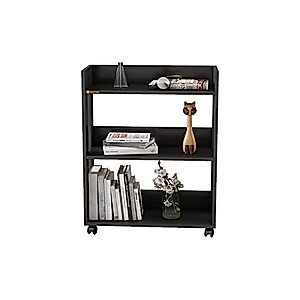 ALISENED Small Bookshelf and Bookcase, 3 Tier Wood Nightstand with Wheels, Modern Bedside End Table with Storage Rack for Bedroom, Library, Living Room, Home, Office Cart, Black