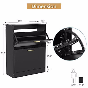 LYNSOM Shoe Cabinet, Free Standing Tipping Bucket Shoe Rack Organizer with 2 Flip Drawers, Modern Entryway Shoe Storage with Top Display, Narrow Slim Hidden Shoe Cabinet (Black)