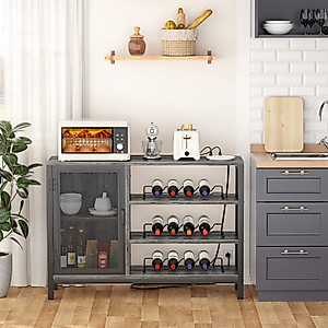 Homieasy Wine Bar Cabinet with Power Outlets, Industrial Bar Cabinets for Liquor and Glasses, Farmhouse Mini Coffee Bar Liquor Cabinet Bar for Home with Removable Wine Racks, Balck Oak