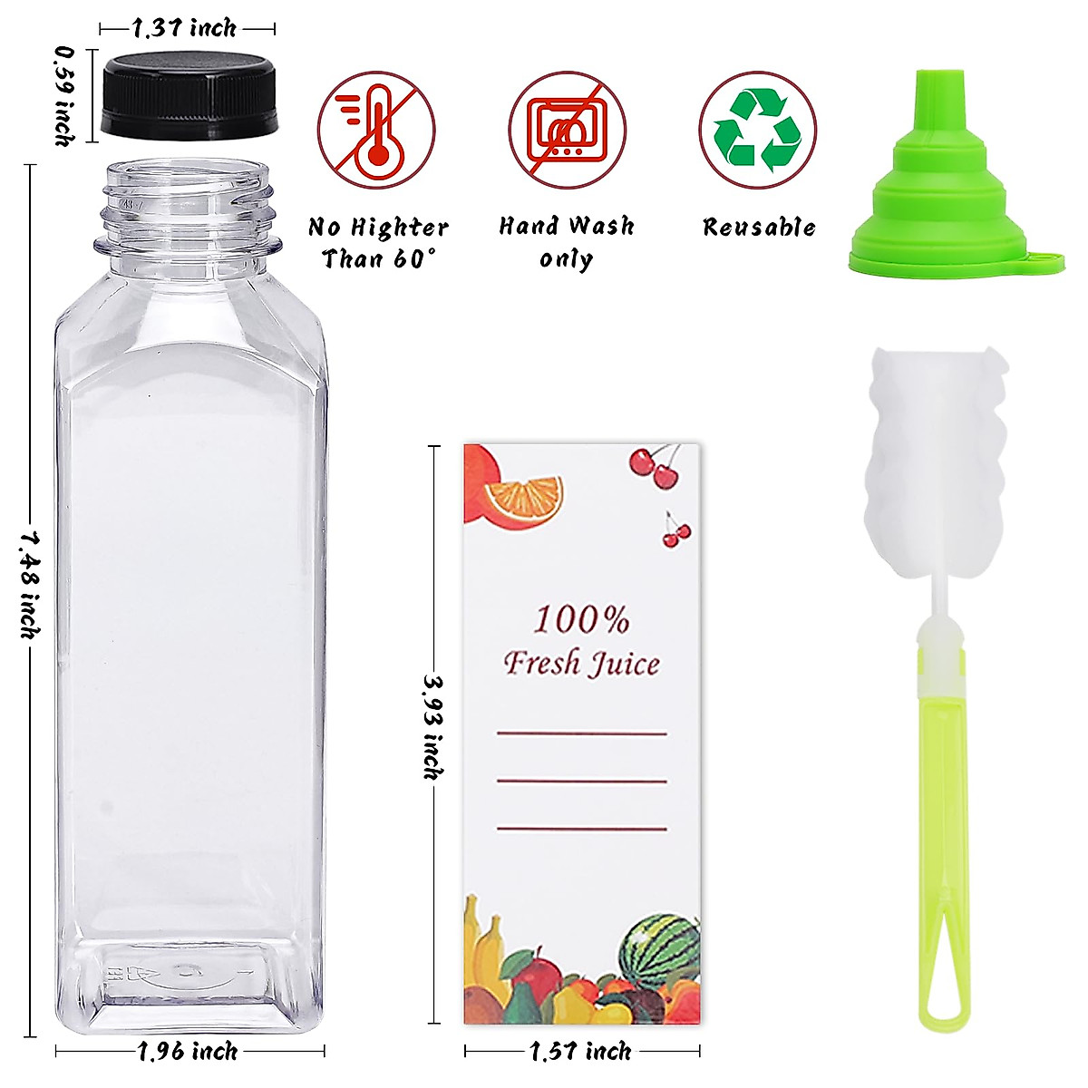 OBKJJ Plastic Juice Bottles 150 pcs 16 oz Empty Plastic Water Bottles with Caps Reusable Clear Beverage Containers for Drinking, Juicing, Smoothie, Water with 2 Brushes, 2 Funnels (16-OZ)