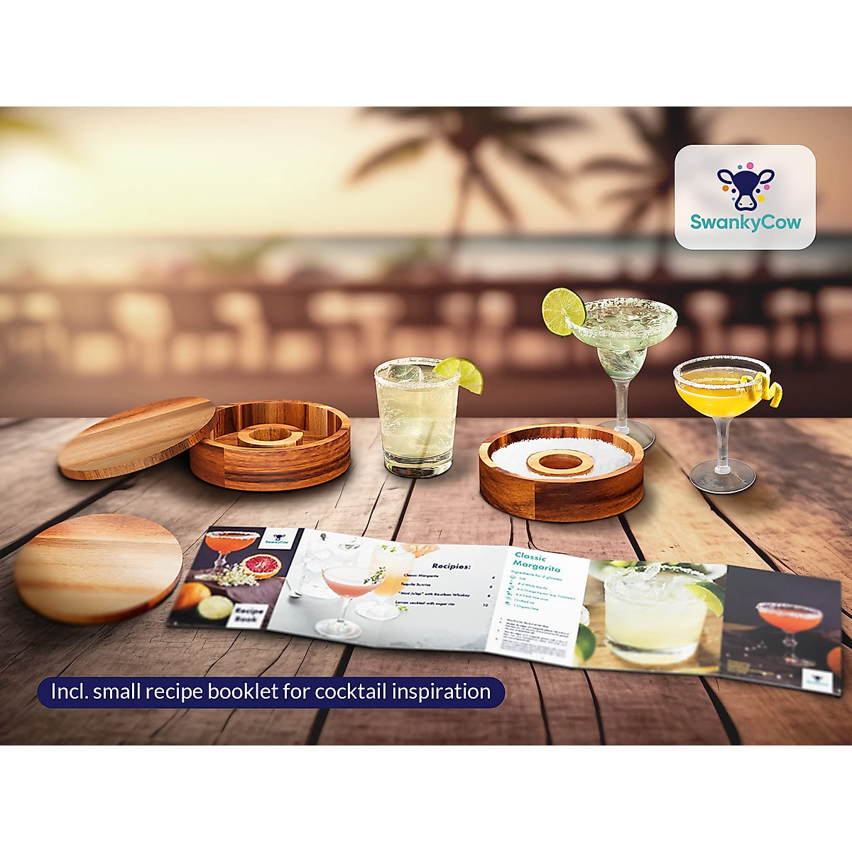 SwankyCow 2x Acacia Wood Cocktail Rimmer - Margarita Salt Rimmer, 6.30" Diameter - Home Bar Accessories for Salt & Sugar