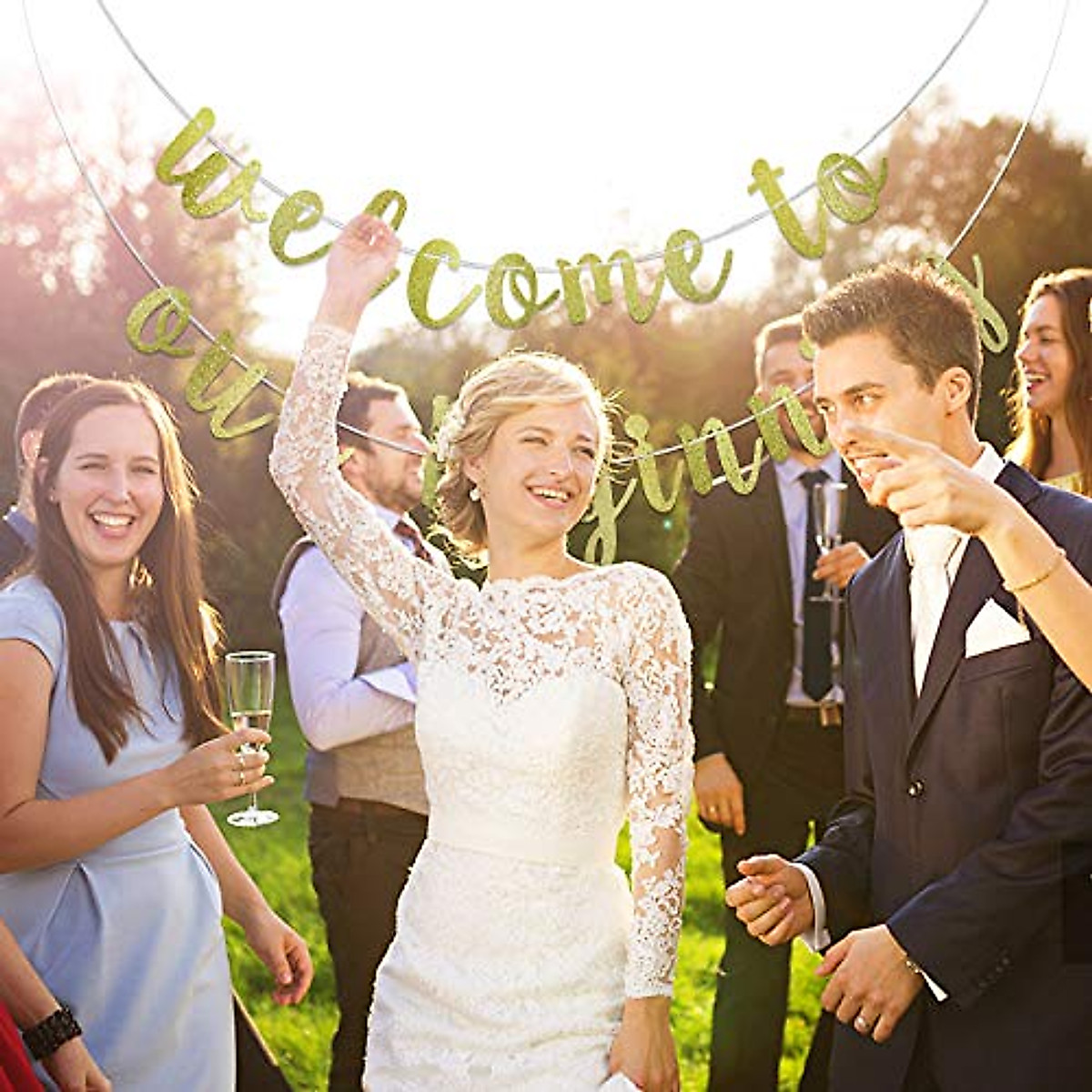 Welcome to Our Beginning Banner for Wedding Welcome Sign, Housewarming Gift, Front Door Decorations, Personalized Housewarming Photo Backdrop (Gold Glitter)