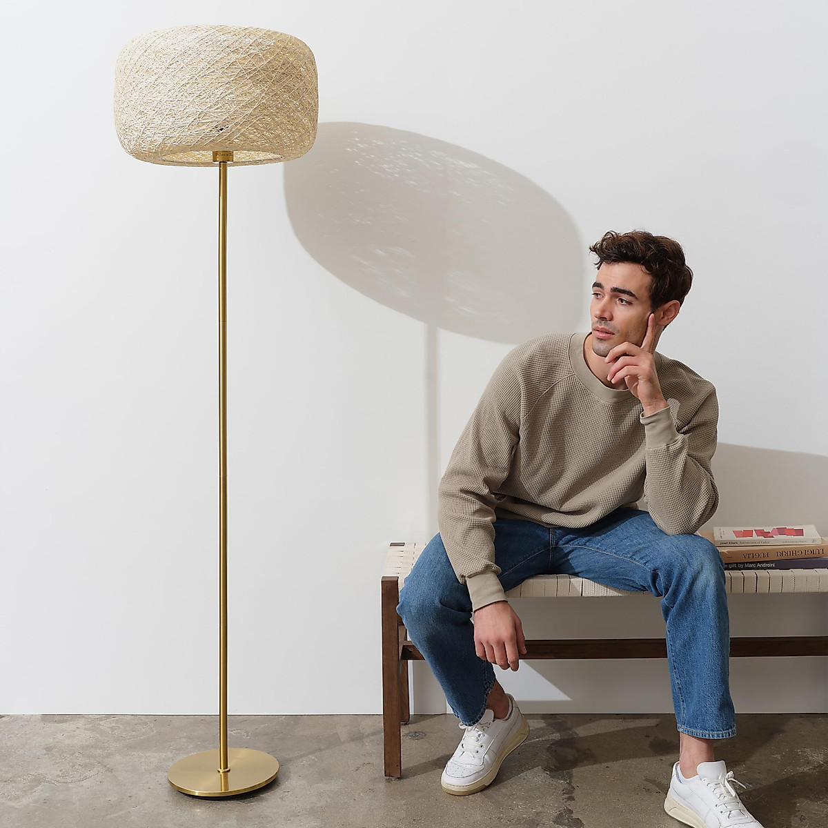 Brightech Rowan Elegant Floor Lamp – Modern Unique Thread Shade Matches Boho, and Mid-Century Décor – Free Standing LED Light for Living Rooms and Bedrooms – Tall Indoor Lamp Gets Compliments - Brass