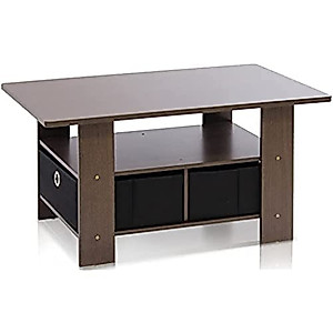 Furinno Coffee Table with Bins, Dark Brown/Black