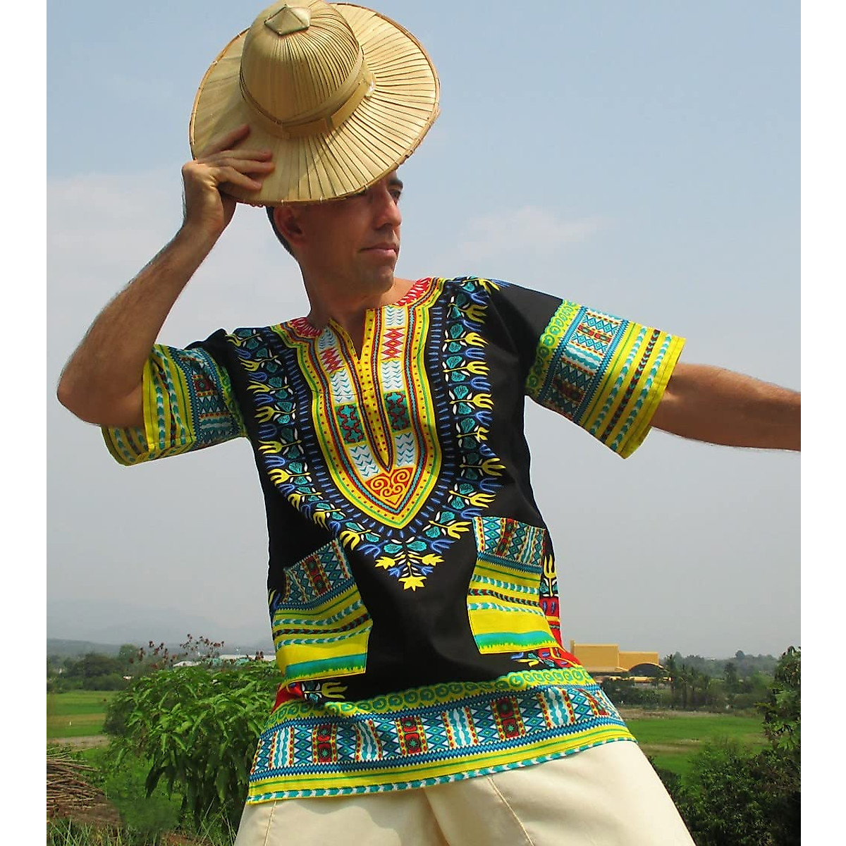 RaanPahMuang Brand Unisex Bright African Black Dashiki Cotton Shirt #24 (Large)