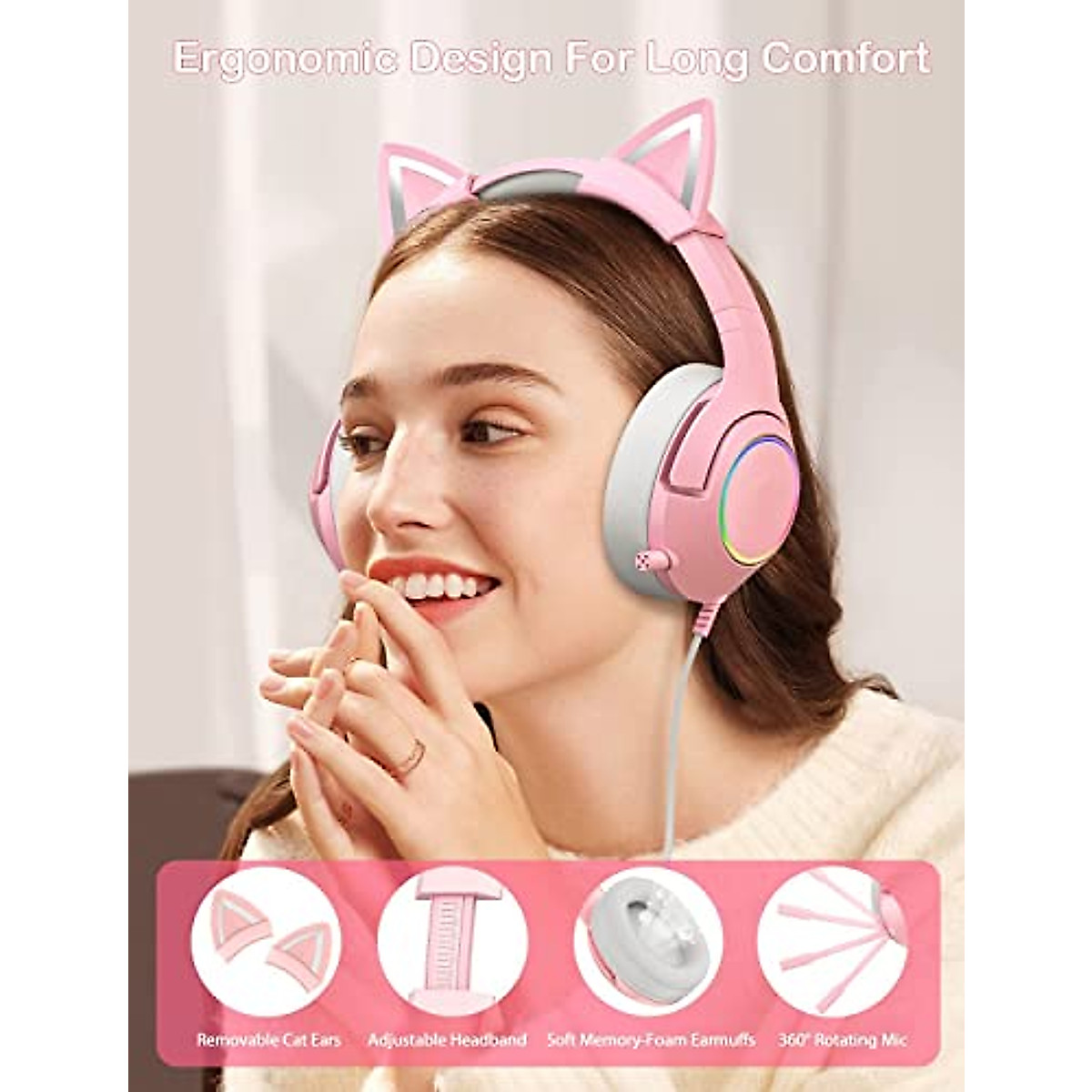 PHNIXGAM Pink Girl Gaming Headset for PS4, PS5, Xbox One(No Adapter), Wired Over-Ear Headphones with Detachable Cat Ears, Noise Cancelling Microphone, RGB Backlight, Surround Sound for PC