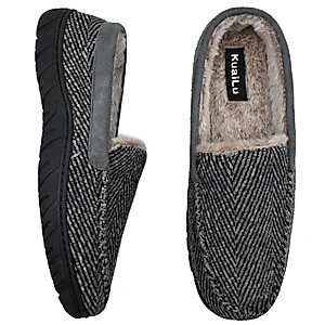 KuaiLu Mens Slippers Cozy Memory Foam Moccasin Slippers Fuzzy Warm House Shoes with Indoor Outdoor Rubber Sole Grey Size 9…