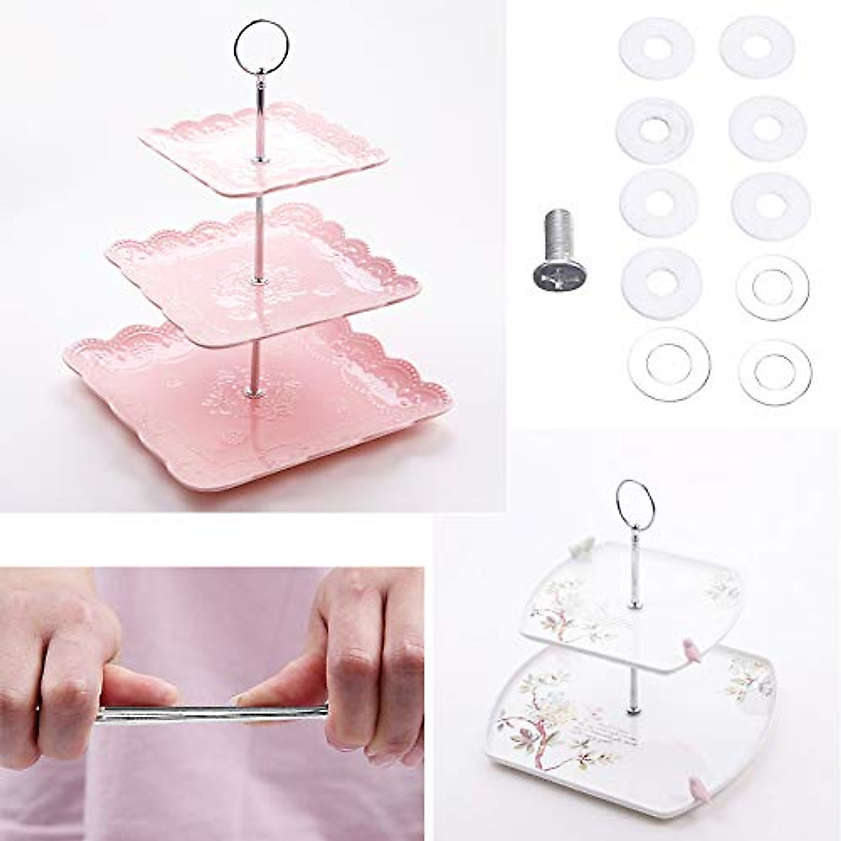 1Set 3 Tier Heavy Duty Metal Cake Stand Handle Fruit Dessert Cupcake Plate Stand Centre Handle Fitttings Round Hardware Rod Holder with Stylus(Silver)