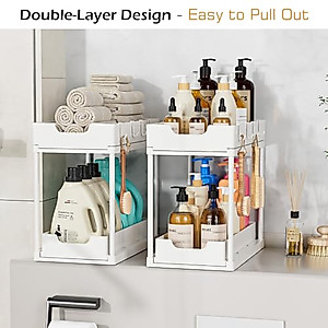 YFXCVSL 2-PACK Pull-Out Under Sink Organizer Double Sliding, 2 Tiers Under Bathroom Cabinet Organization, Kitchen Storage Shelf with Hooks, Sink Organizer, 14.41 “(H) * 8.7 “(W) * 15.6“(L), White