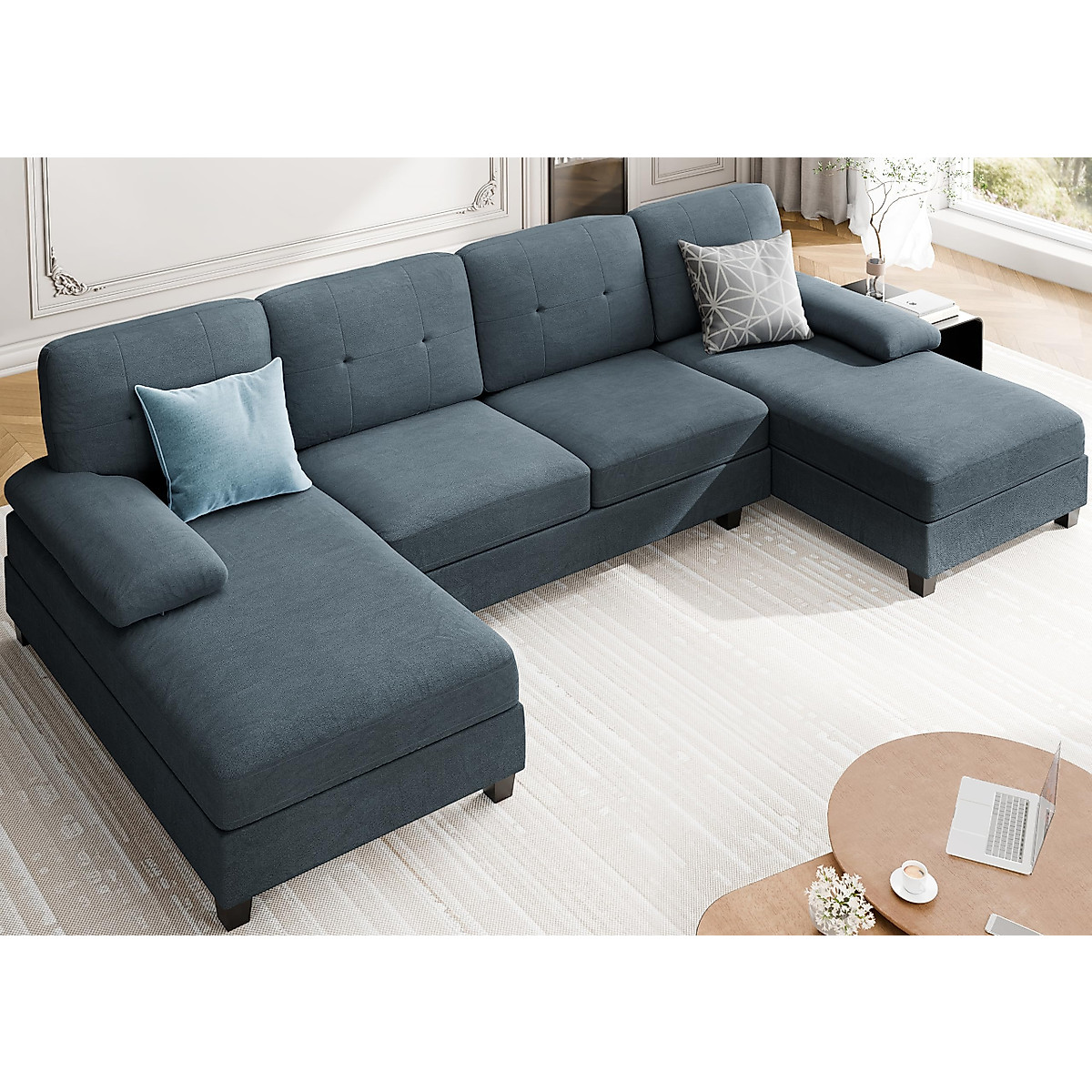 Meilocar Sectional Couches for Living Room, 4 Seat Sofa Set U-Shaped Couch with Wide Chaise, 106in Large Sofa Modern Fabric Couch with Oversized Seats (Grey)