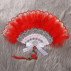 Msbfea Feather Fan Handmade Japanese Sweet Fairy Lace Gothic Court Dance Wedding Hand Feather Fan Cosplay Props Pendant Gift Color 675