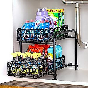 FORESTSUN Cabinet Pull Out Organizer, 2-Tier Under Sink Organizer with Sliding Storage Drawer, Non-slip Metal Pull Out Shelves for Bathroom, Kitchen,Cabinets, Countertops