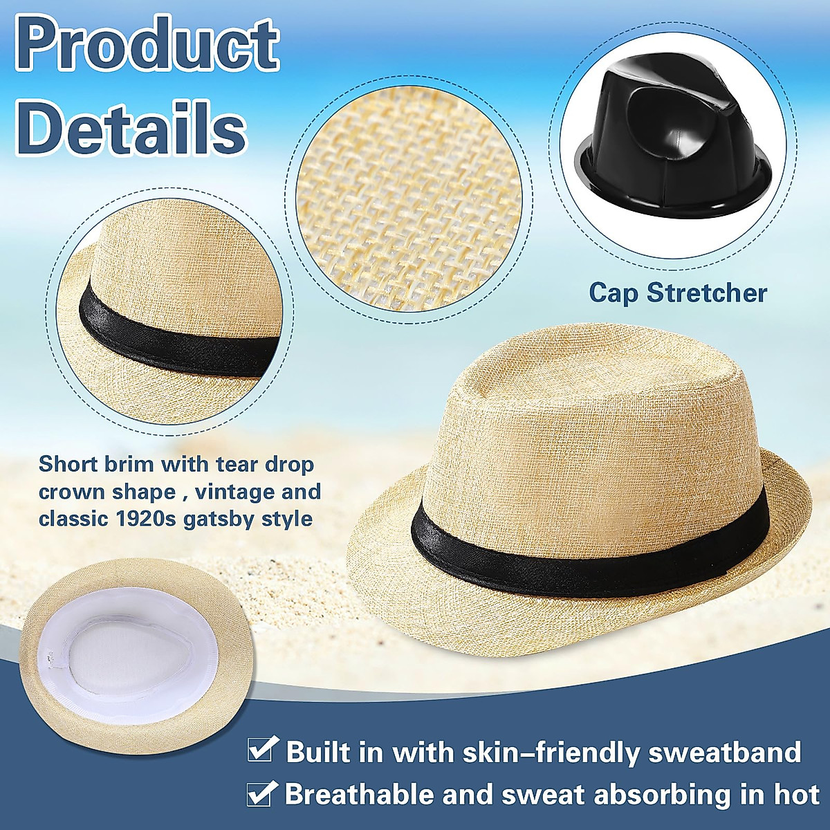 24 Pack 1920s Fedora Hats Bulk for Men Short Brim Sun Panama Hats for Women Party Costume, Circumference 60 cm(Beige)